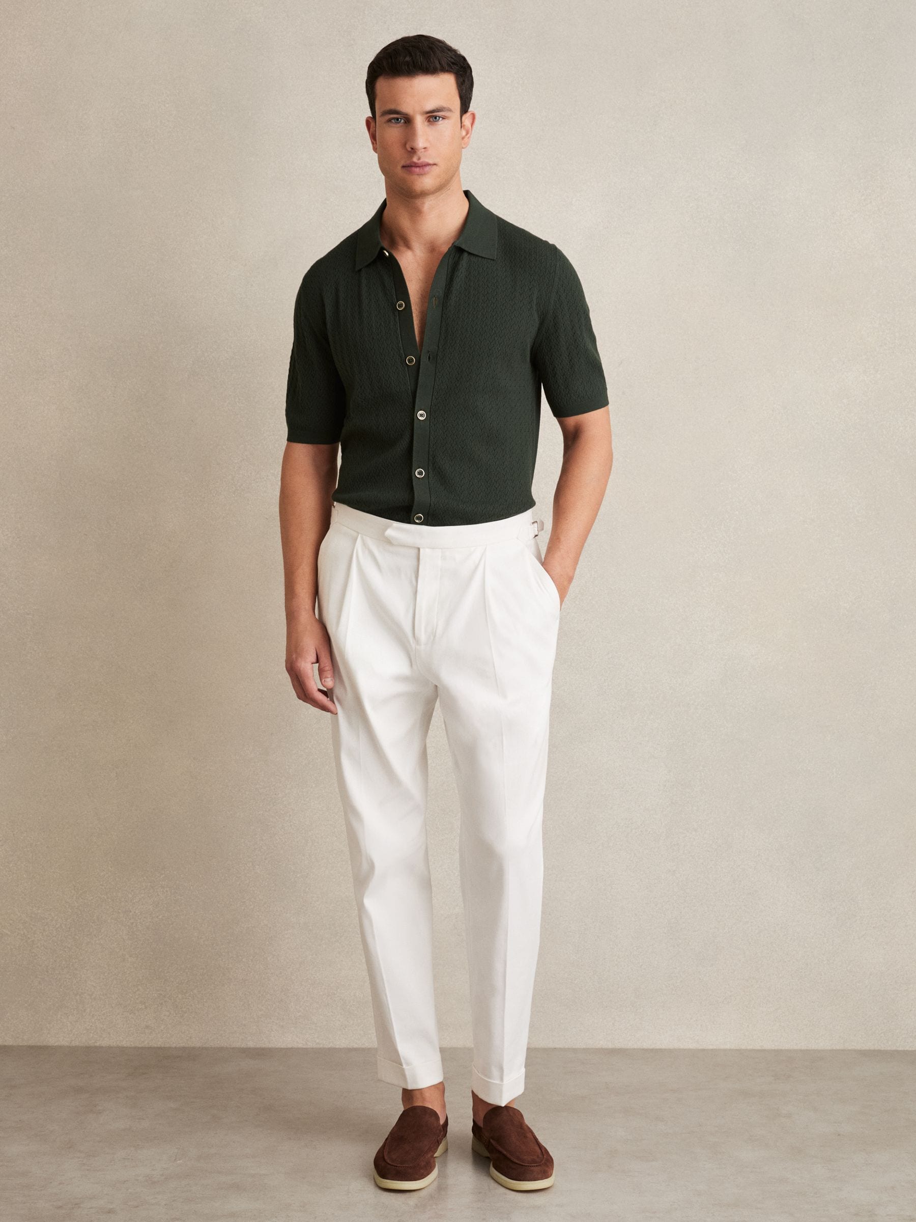 REISS thames textured knit button-through shirt